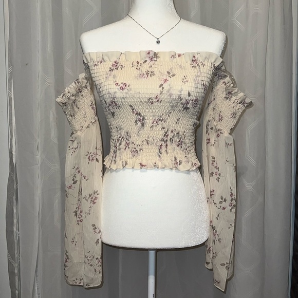 Windsor | Tops | Tan Floral Off The Shoulder Flared Sleeves Crop Top ...